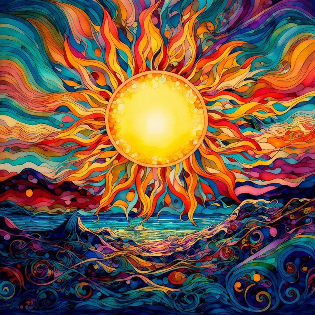 Sun Art, Sun Print, Sun Wall Decor, Colorful Artwork, Psychedelic Sun ...