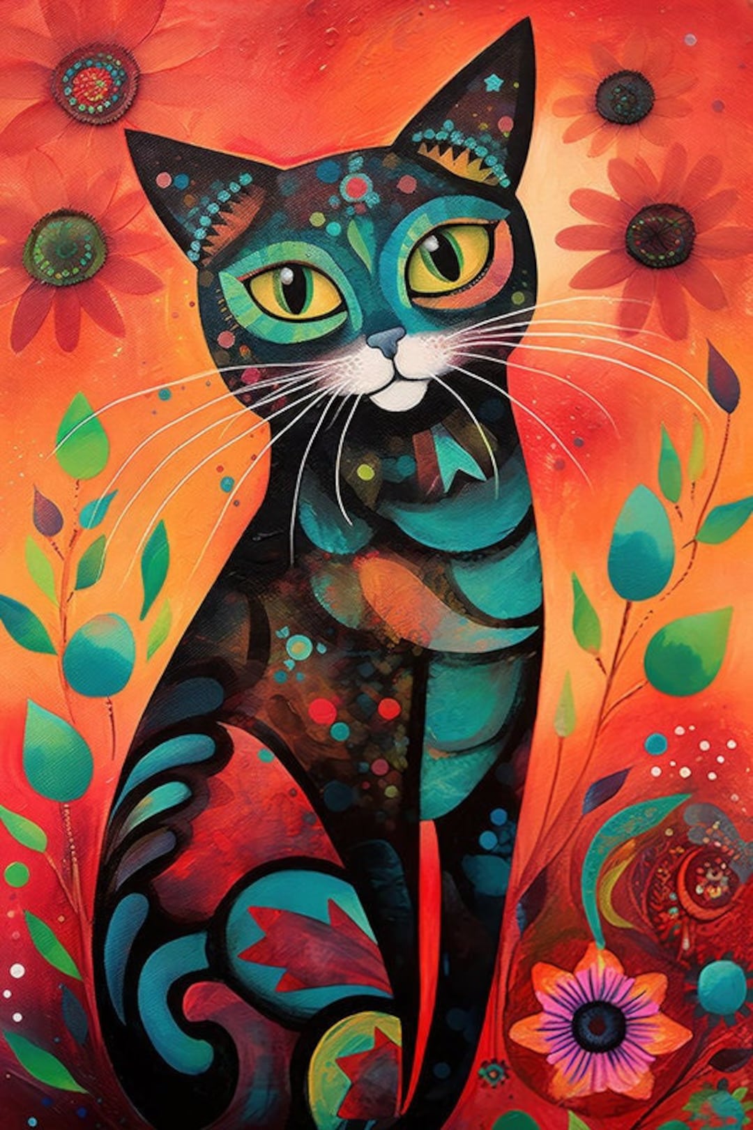 Colorful Cat Art, Cat Art Prints, Cat Folk Art, Cat Poster, Girls Room ...
