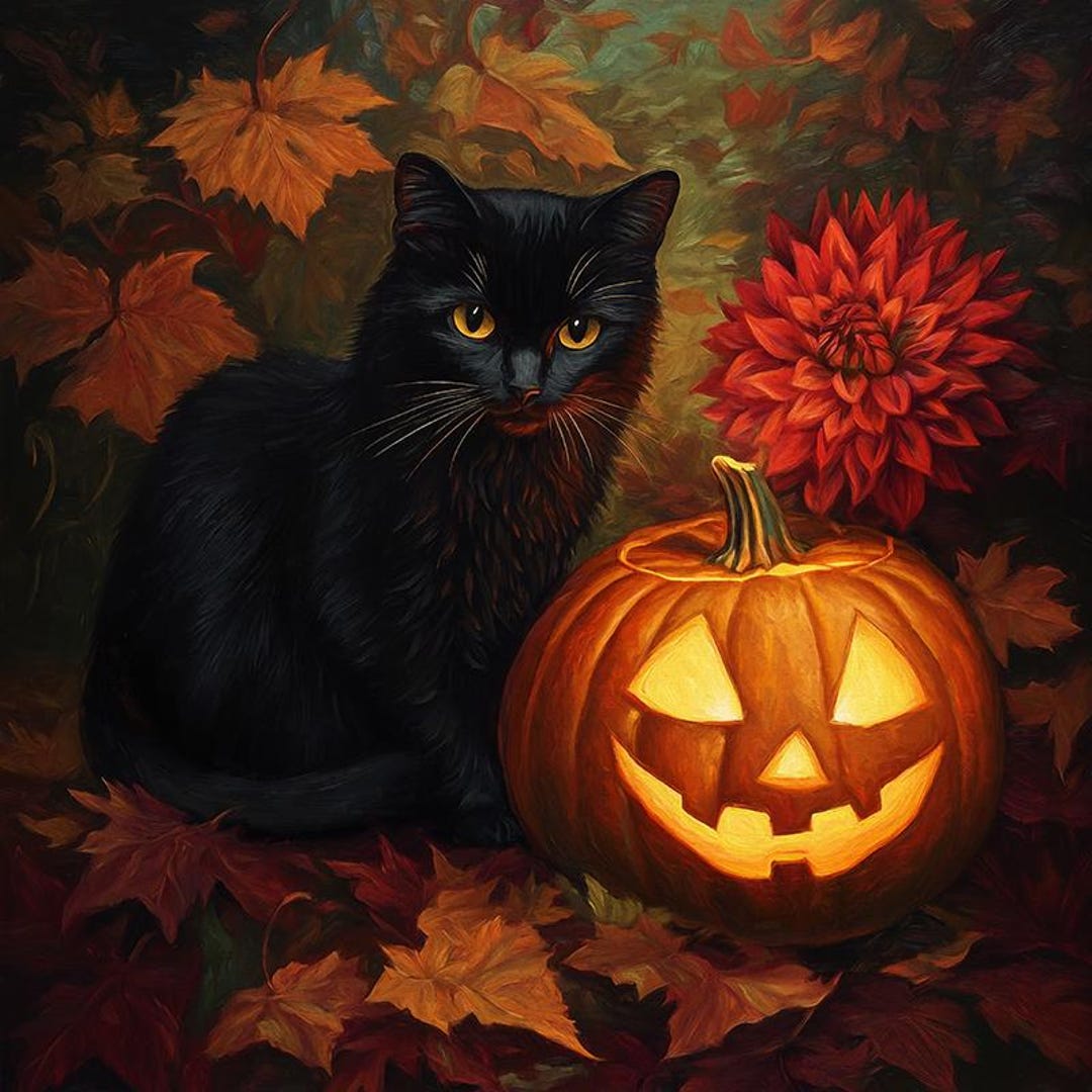Black Cat Art, Halloween Art, Black Cat Print, Autumn Cat Art, Pumpkin ...