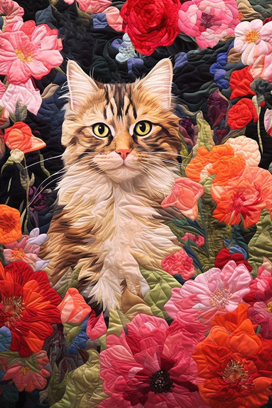 Ginger Cat Art, Cat and Flowers, Cat Art Print, Colorful Cat Art, Cat ...