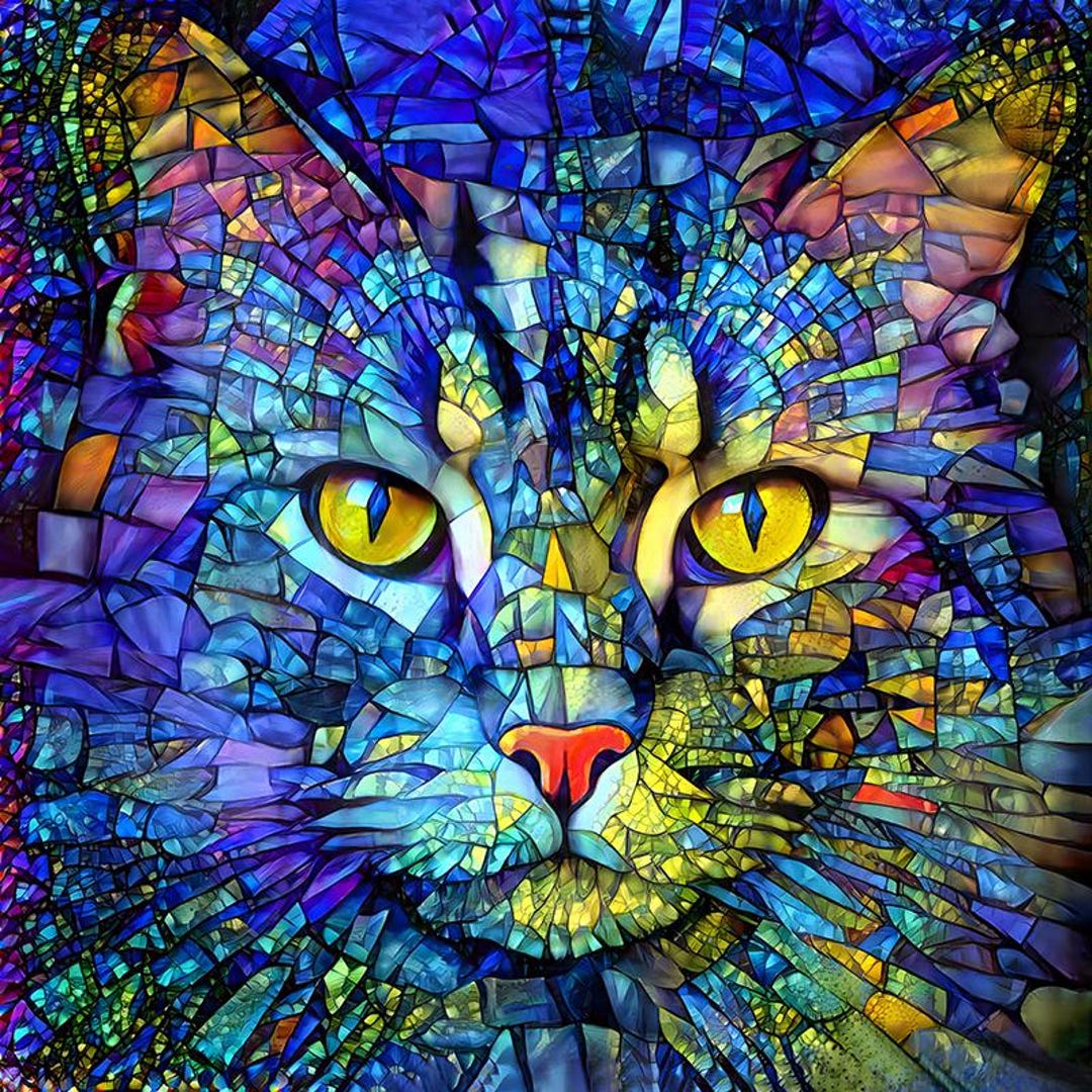 Colorful Cat Art, Blue Cat Art, Cat Print, Tabby Cat Art, Colorful Wall ...