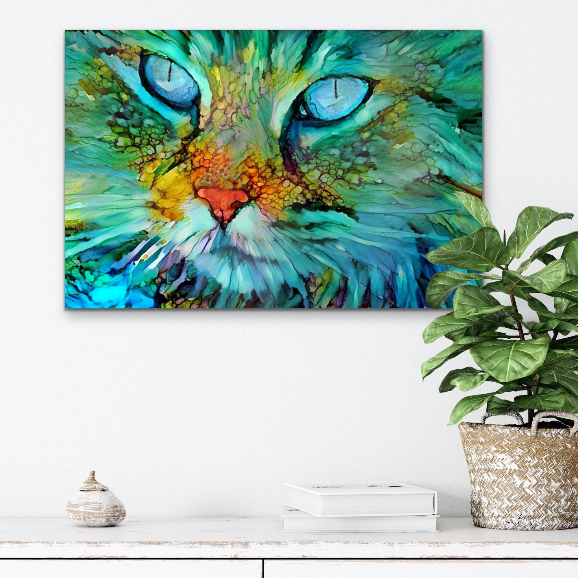 Blue Cat Art Colorful Cat Print Cat Artwork Alcohol Ink - Etsy