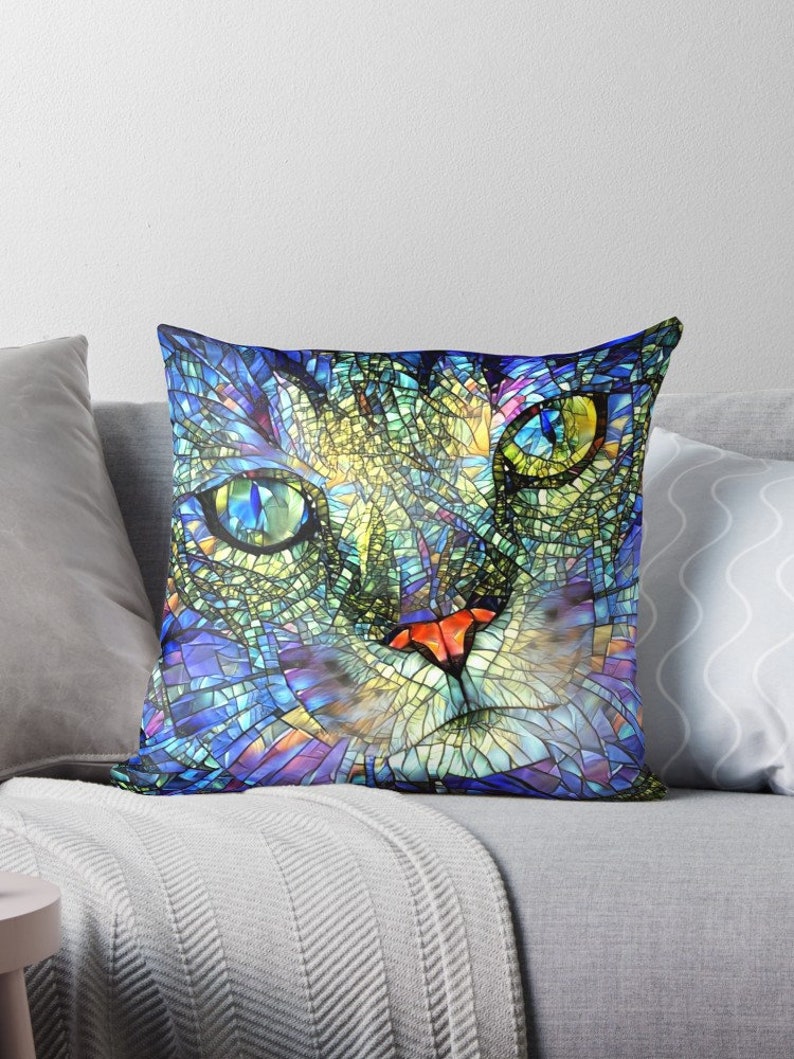 Cat Throw Pillow Stained Glass Cat Decor Abstract Throw | Etsy