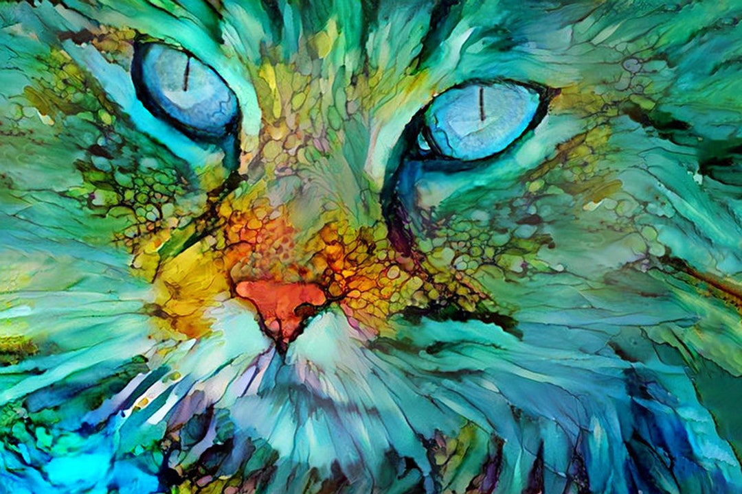 Blue Cat Art, Colorful Cat Print, Cat Artwork, Alcohol Ink Art, Cat ...