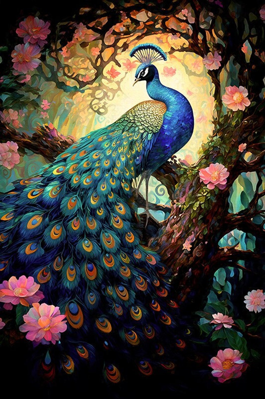 Peacock Art Print, Peacock Wall Art, Bird and Flowers, Peacock Decor ...