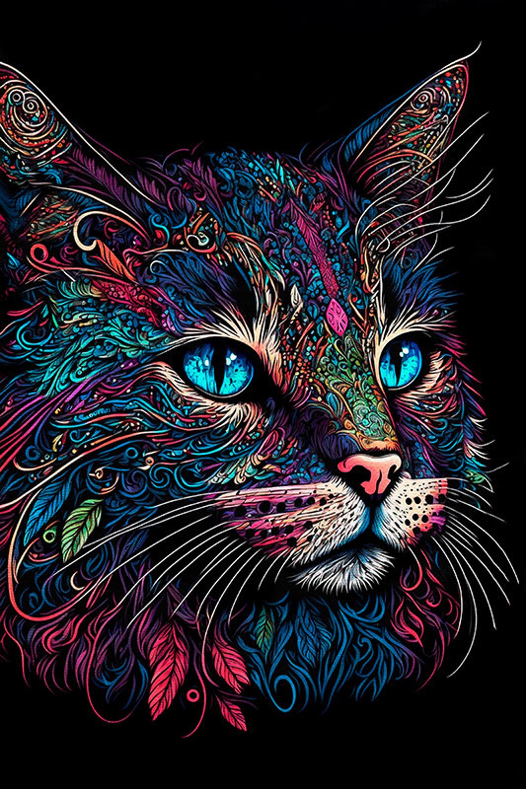 Colorful Cat Print, Zentangle Art, Cat Art Print, Psychedelic Cat, Cat ...