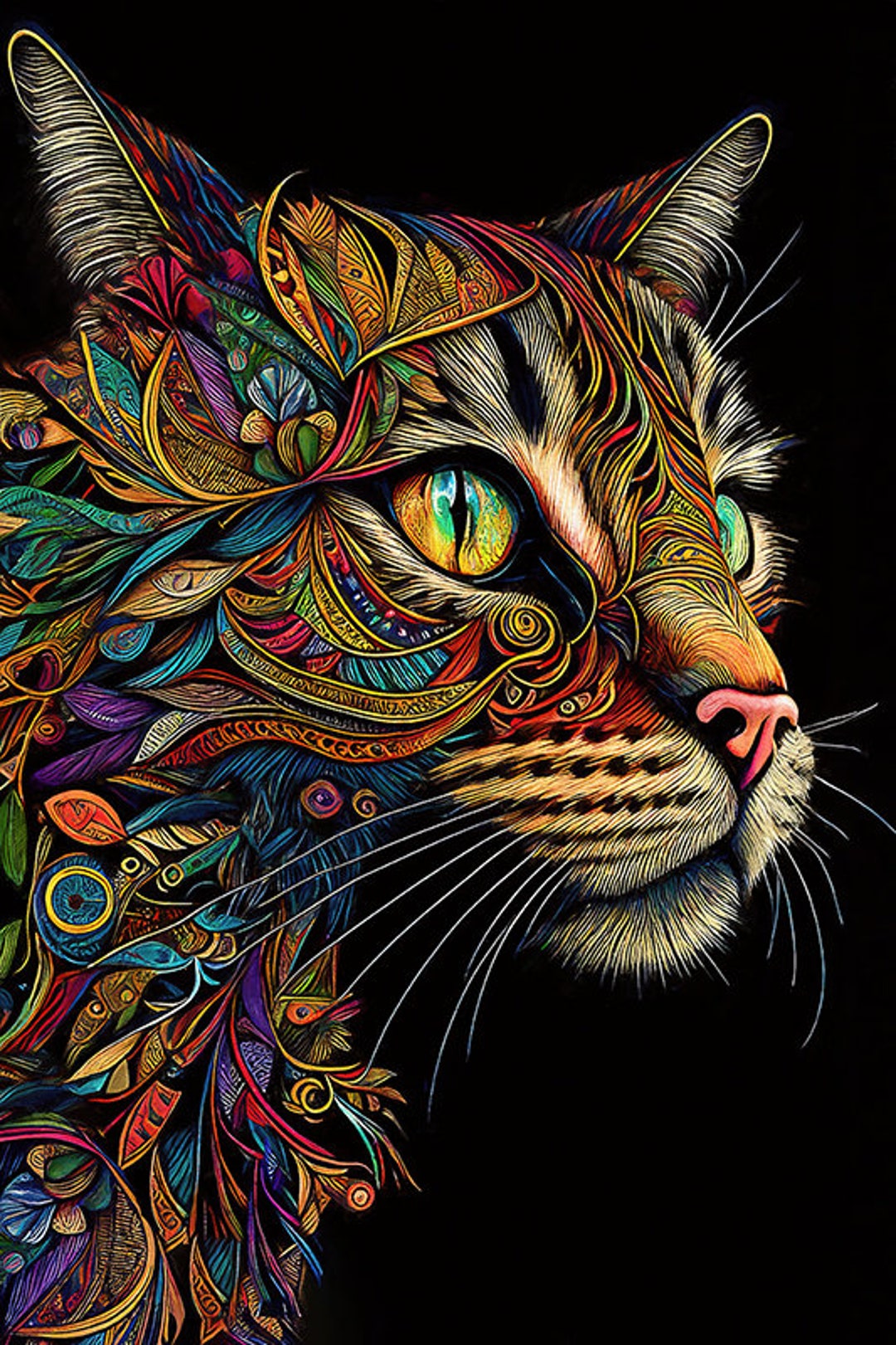 Colorful Cat Art, Cat Art Print, Tabby Cat Art, Psychedelic Cat, Cat ...