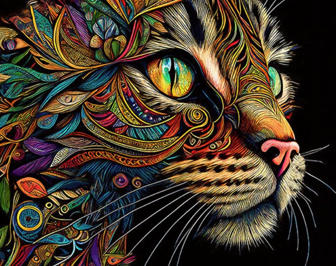 Colorful Cat Art, Cat Art Print, Tabby Cat Art, Psychedelic Cat, Cat ...