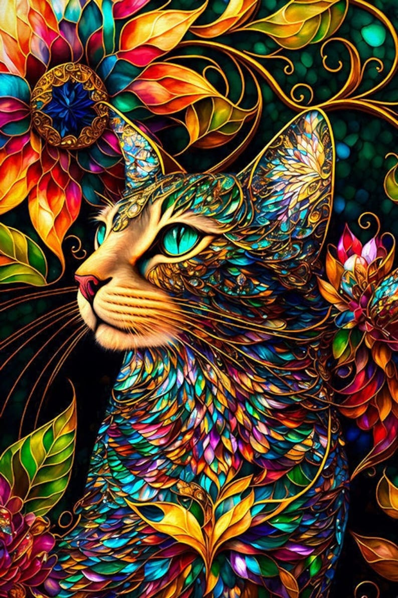 Cat Art Print Colorful Cats Tabby Cat Art Cat and Flowers - Etsy