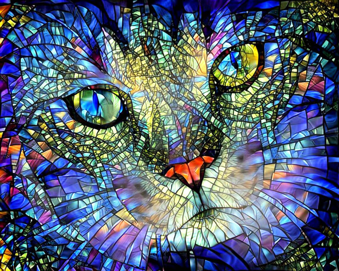 Colorful Cat Art Stained Glass Art Cat Print Cat Wall Art | Etsy