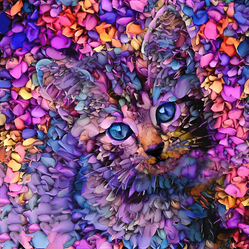 Purple Cat, Flower Cat, Kitten Art, Purple Print, Abstract Cat Art ...