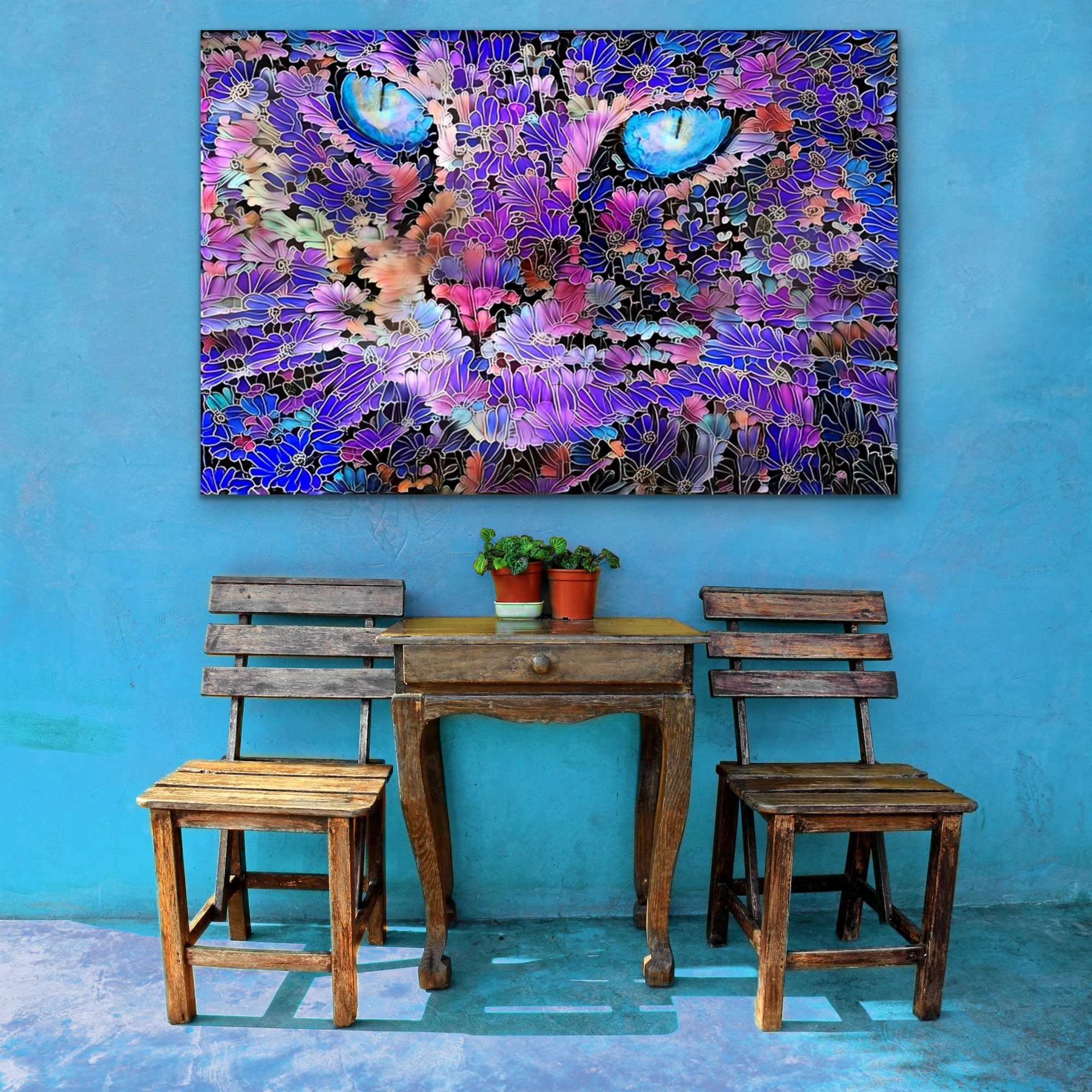 Cat Art Print Purple Cat Blue Cat Colorful Cat Decor Long - Etsy