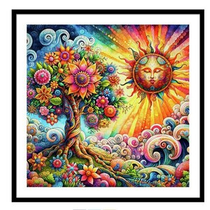 Tree Art Print, Sun Art Print, Tree of Life, Summer Decor, Colorful ...