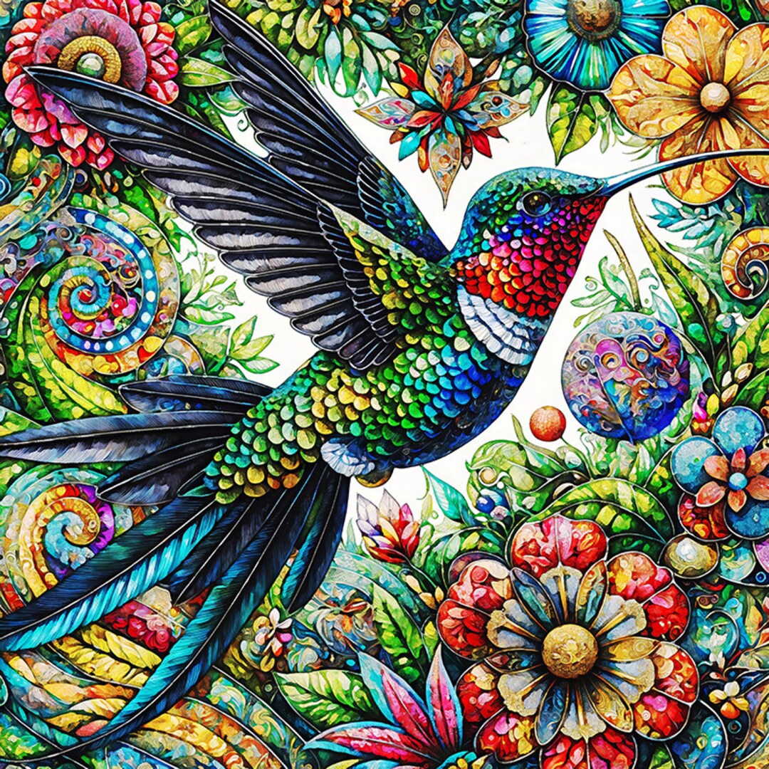 Hummingbird Art, Ruby Throated Hummer, Bird Art Print, Bird and Flowers ...