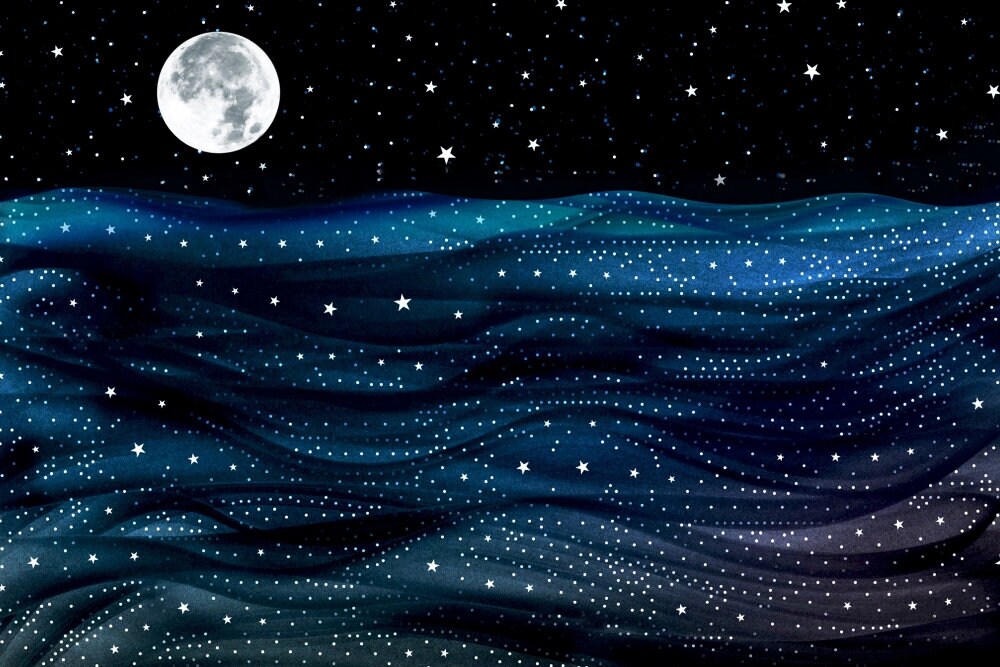 Abstract Ocean Art Night Art Print Full Moon Print Star | Etsy