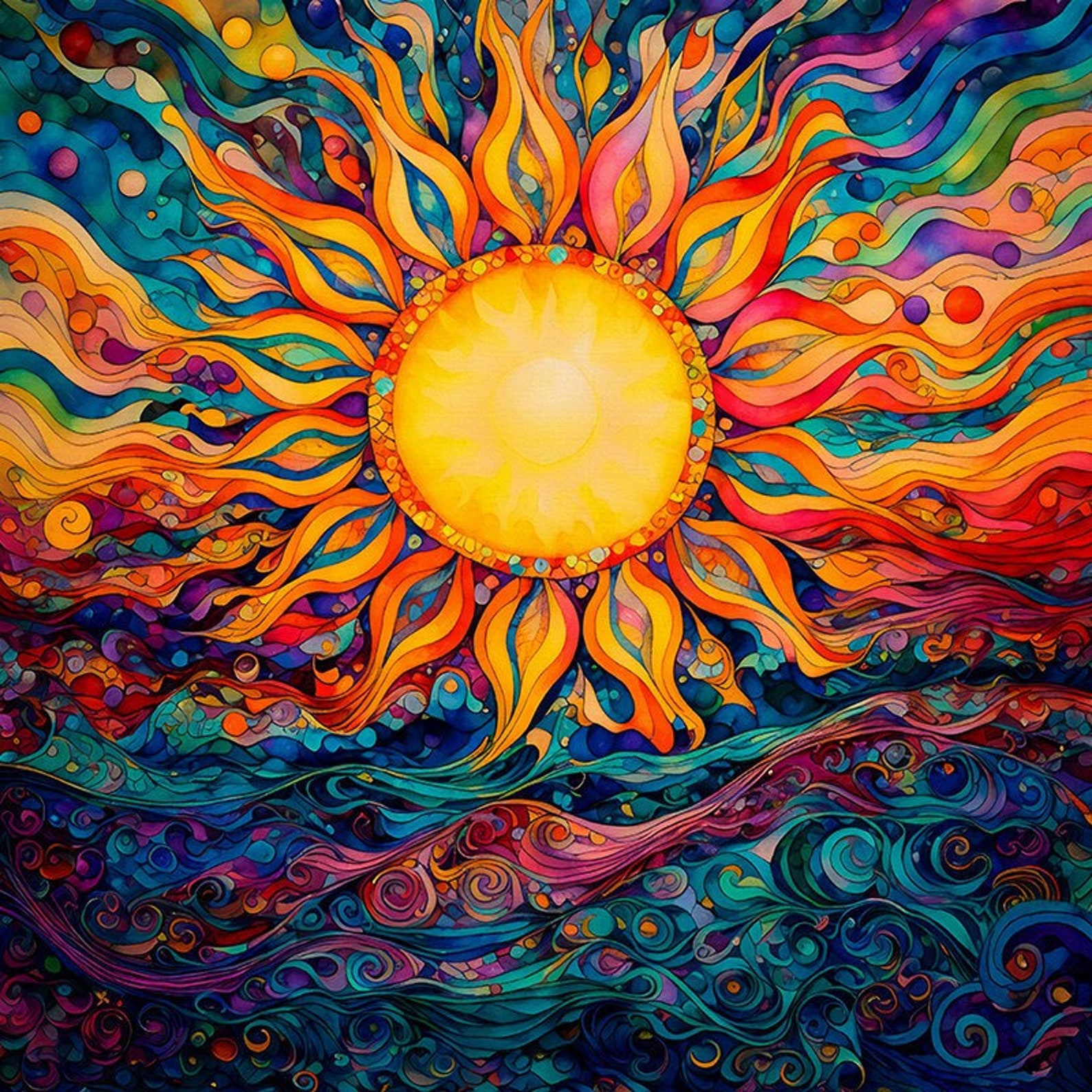 Sun Art Print, Sun Wall Art, Colorful Sun Art, Psychedelic Sun, Sun ...