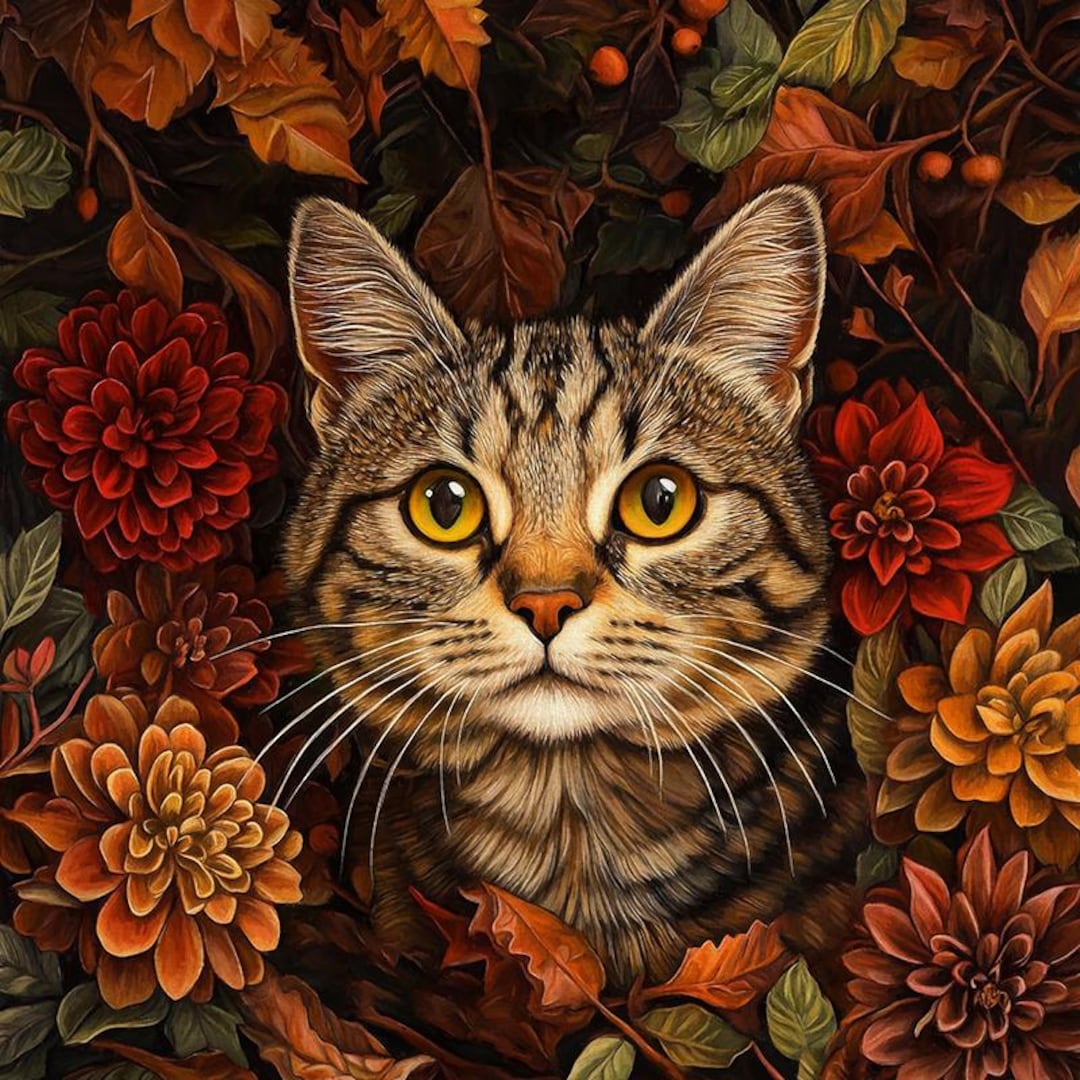 Tabby Cat Print, Tabbies, Cat and Flowers, Tabby Art, Fall Colors, Fall ...