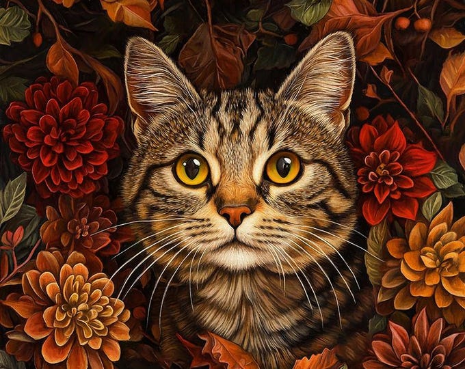 Tabby Cat Print, Tabbies, Cat and Flowers, Tabby Art, Fall Colors, Fall ...