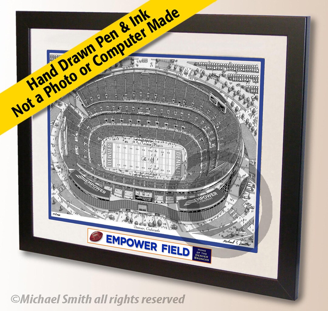 Empower Field Wall Art – Denver Broncos Pen and Ink Stadium Drawing ...