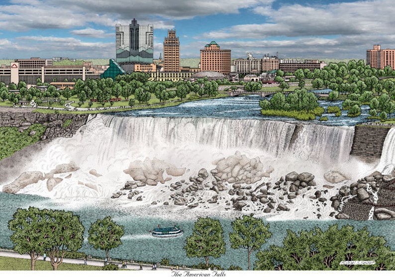 Niagara Falls, New York Wall Art - American Falls - Hand Signed Pen ...