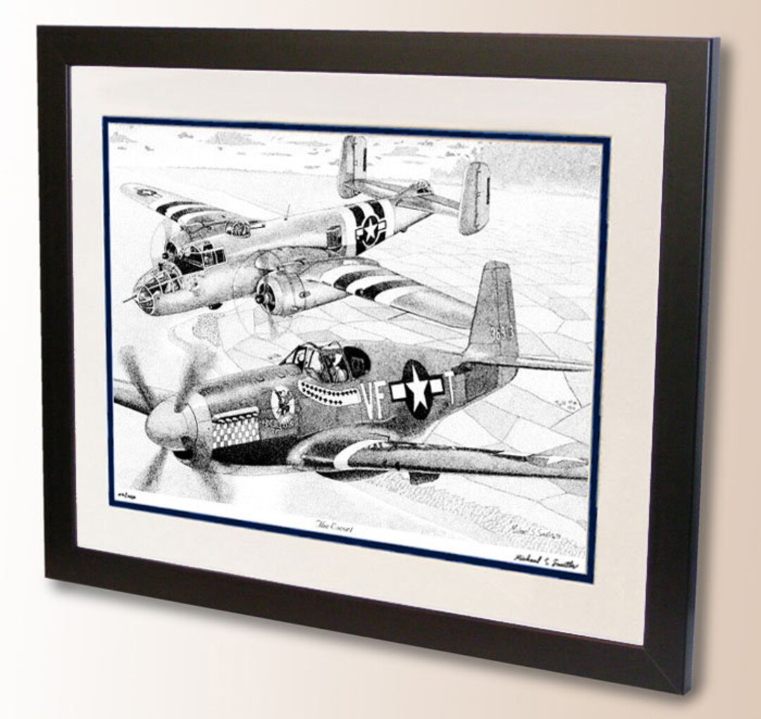 B-25 Bomber & P-51 Mustang Aviation Wall Art - Hand Signed Pen and Ink ...