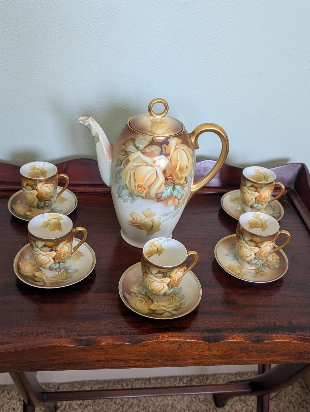 Edwardian Hand-painted THOMAS SEVRES Coffee Tea Set Yellow Roses ...