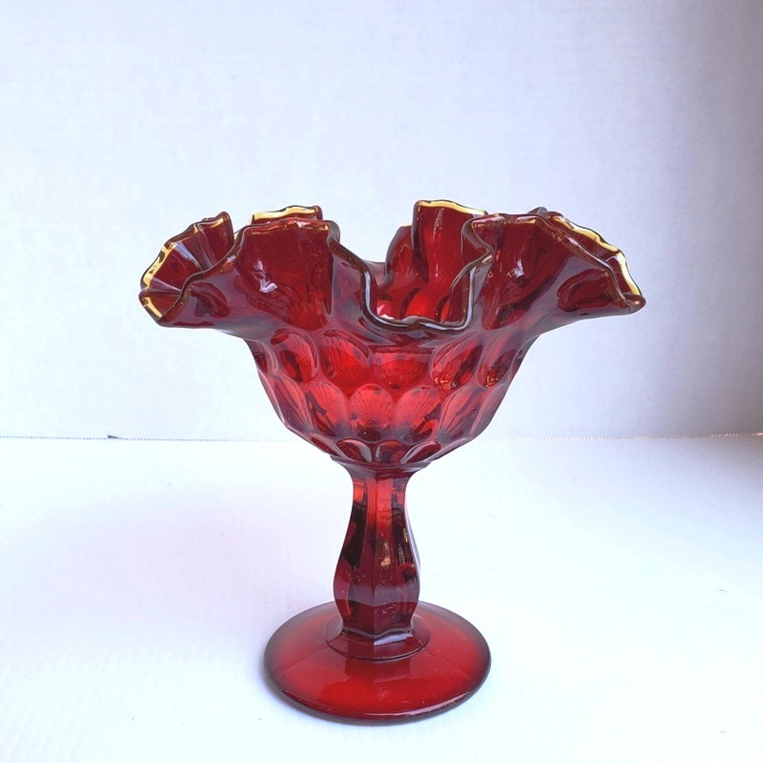 Vintage Ruby Red Fenton Thumb Print Footed Ruffled Compote / Original ...