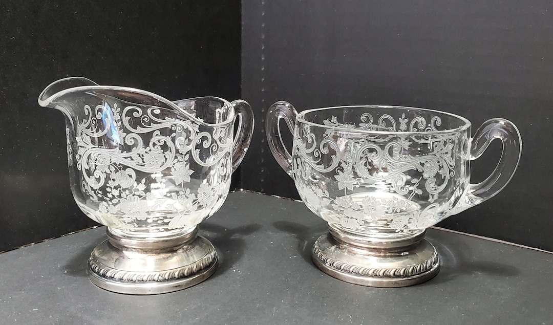 Cambridge Glass Chantilly Etch Sugar and Creamer / Sterling Silver Base ...