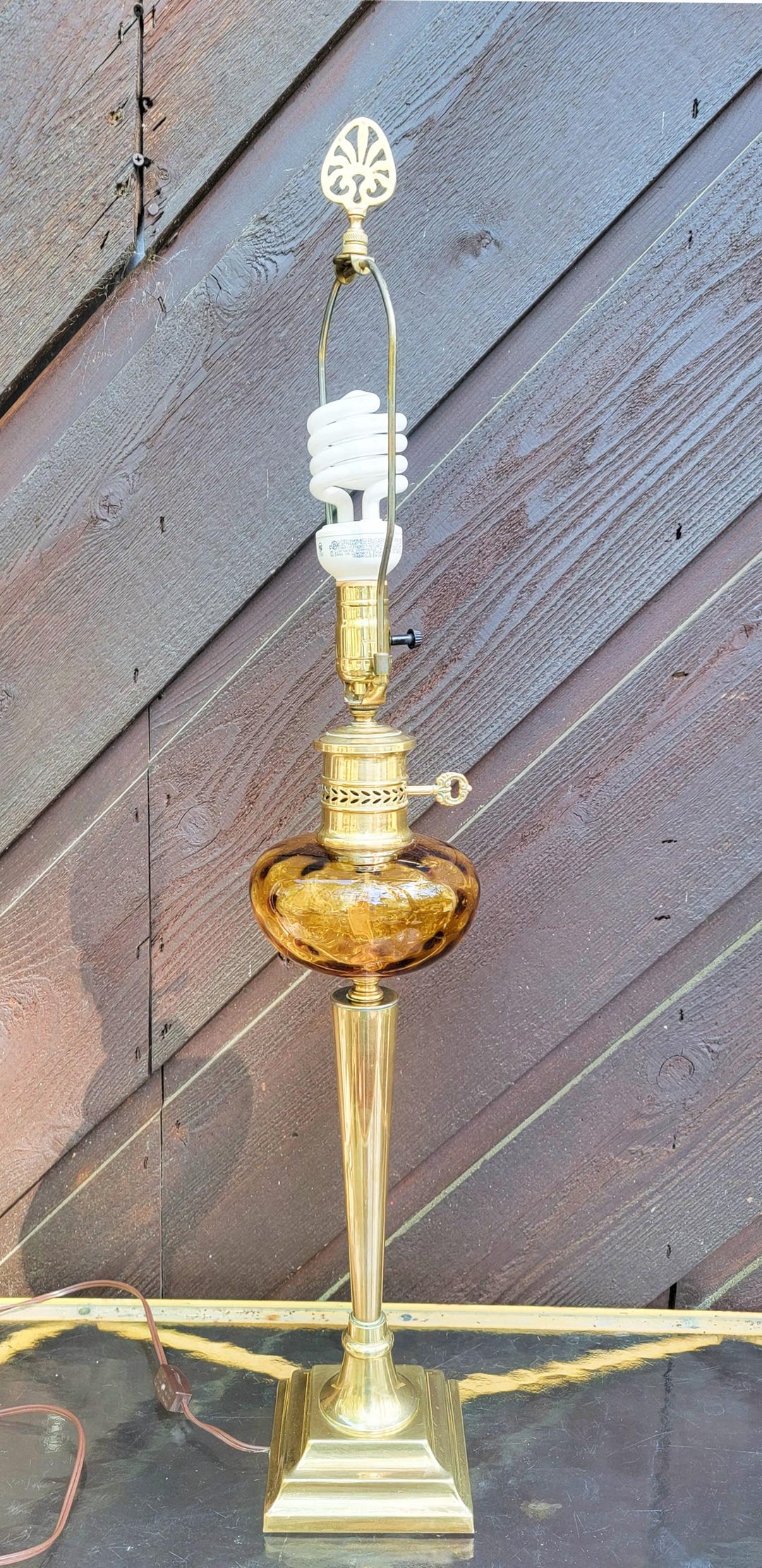 Mid-century Modern Brass & Amber Coin Dot Glass Banquet Style Table ...
