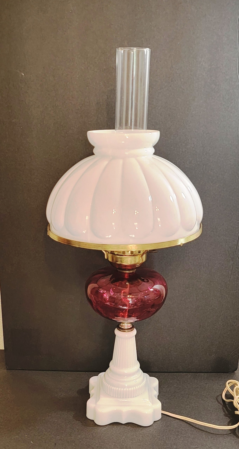 Vintage Cranberry Table Lamp With Milk Glass Base / - Etsy