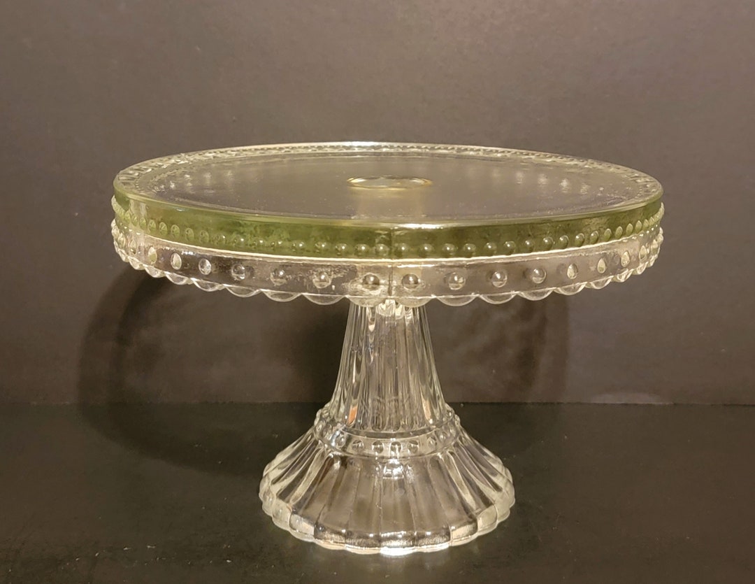 Antique Glass Cake Stand / Beads / Green Accent Band / Scalloped ...