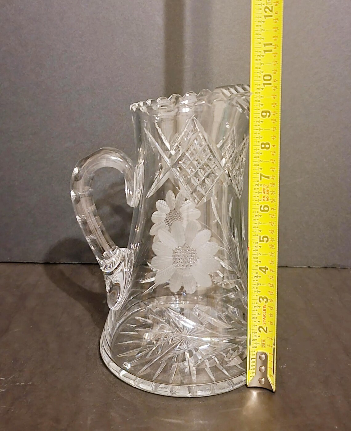 10" American Brilliant Cut Glass Pitcher / Gray Flowers / Diamonds ...