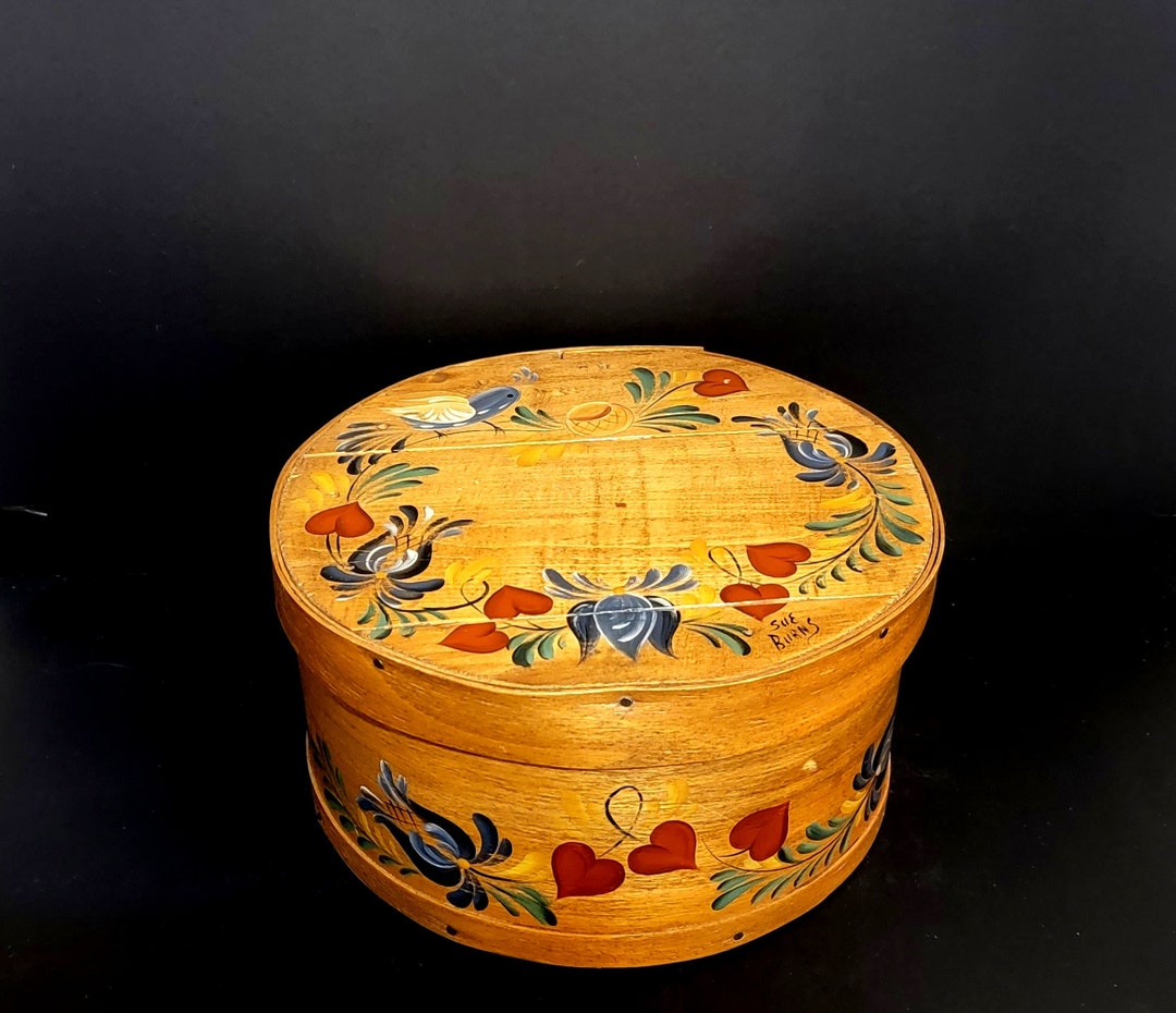 Vintage Sue Burns Tole Painted Wooden Storage Box Fabric Lined / Artist ...