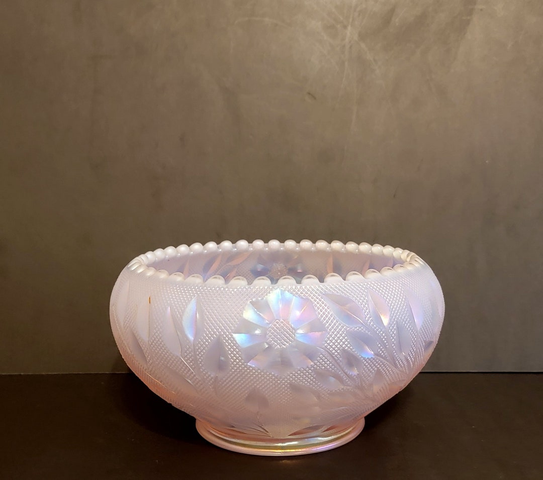 7-3/4" Pink Opalescent / Iridized Fenton Rose Bowl / Flowers & Leaves ...
