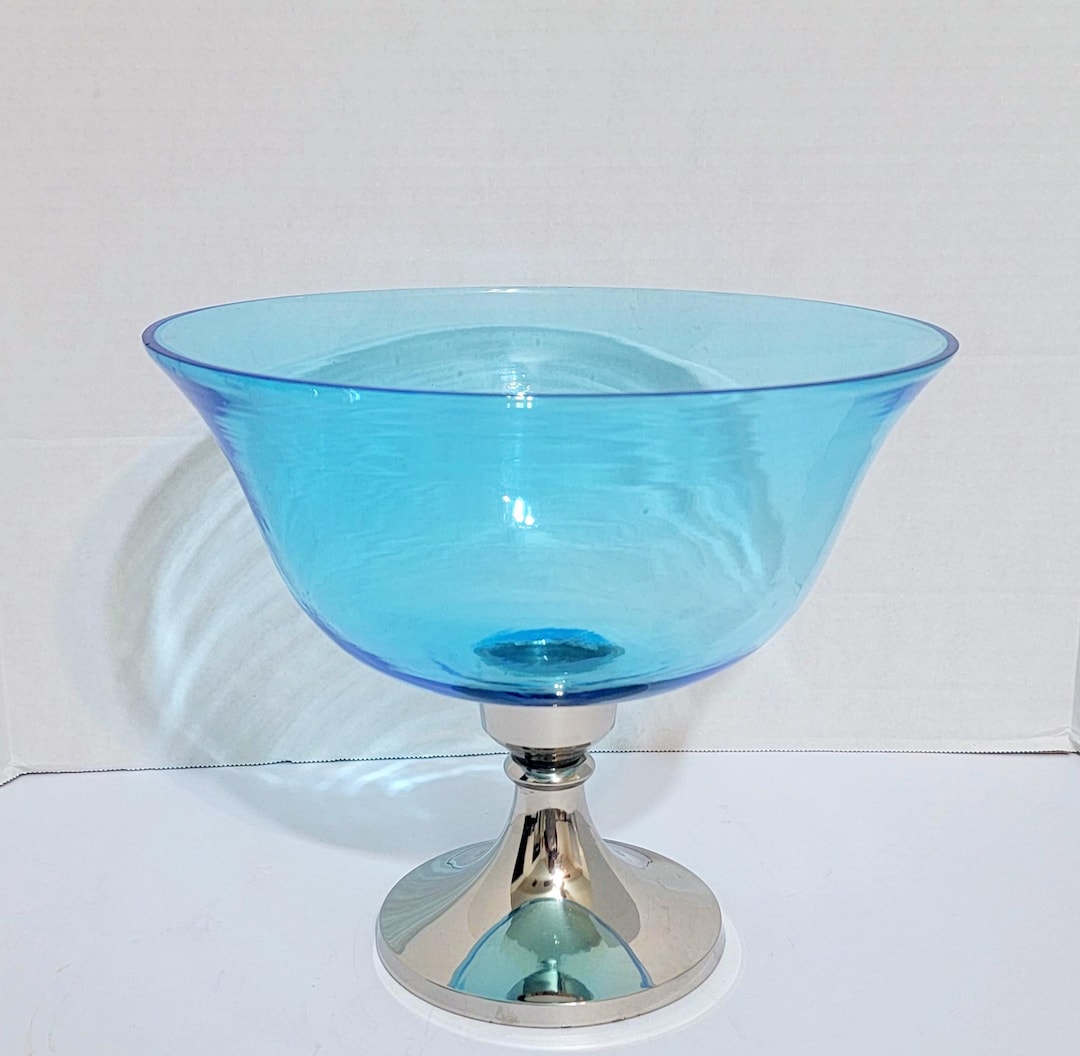 Azure Blue Glass Centerpiece Bowl With Metal Base - Etsy