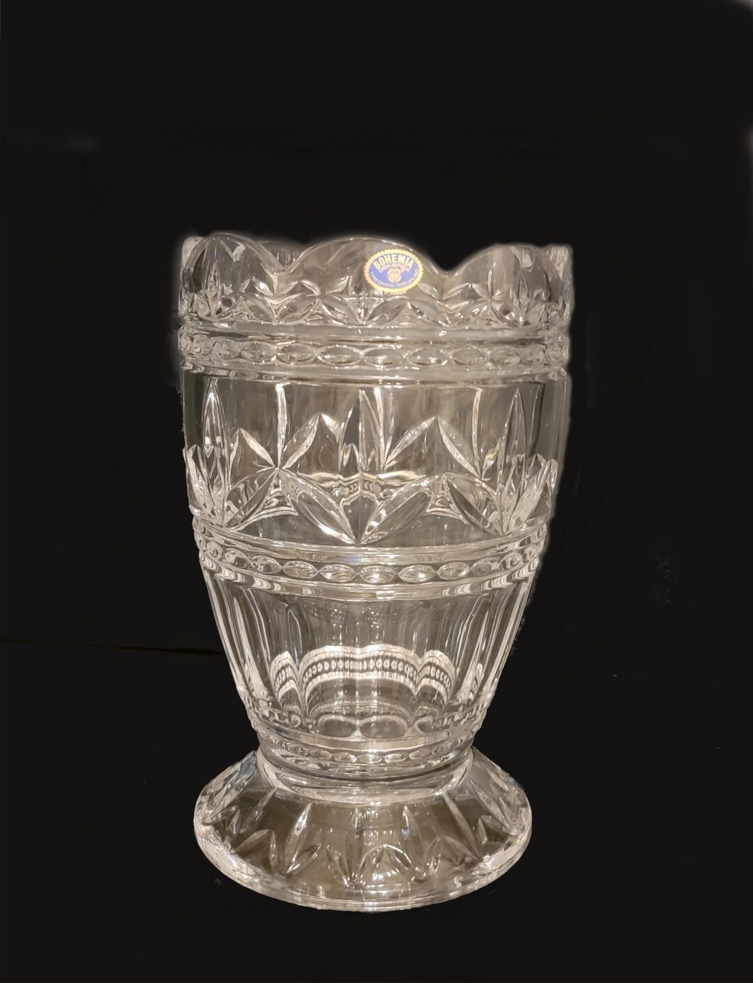 10 Crystal Bohemian Footed Vase / Leaves / Ovals / Scalloped Rim ...