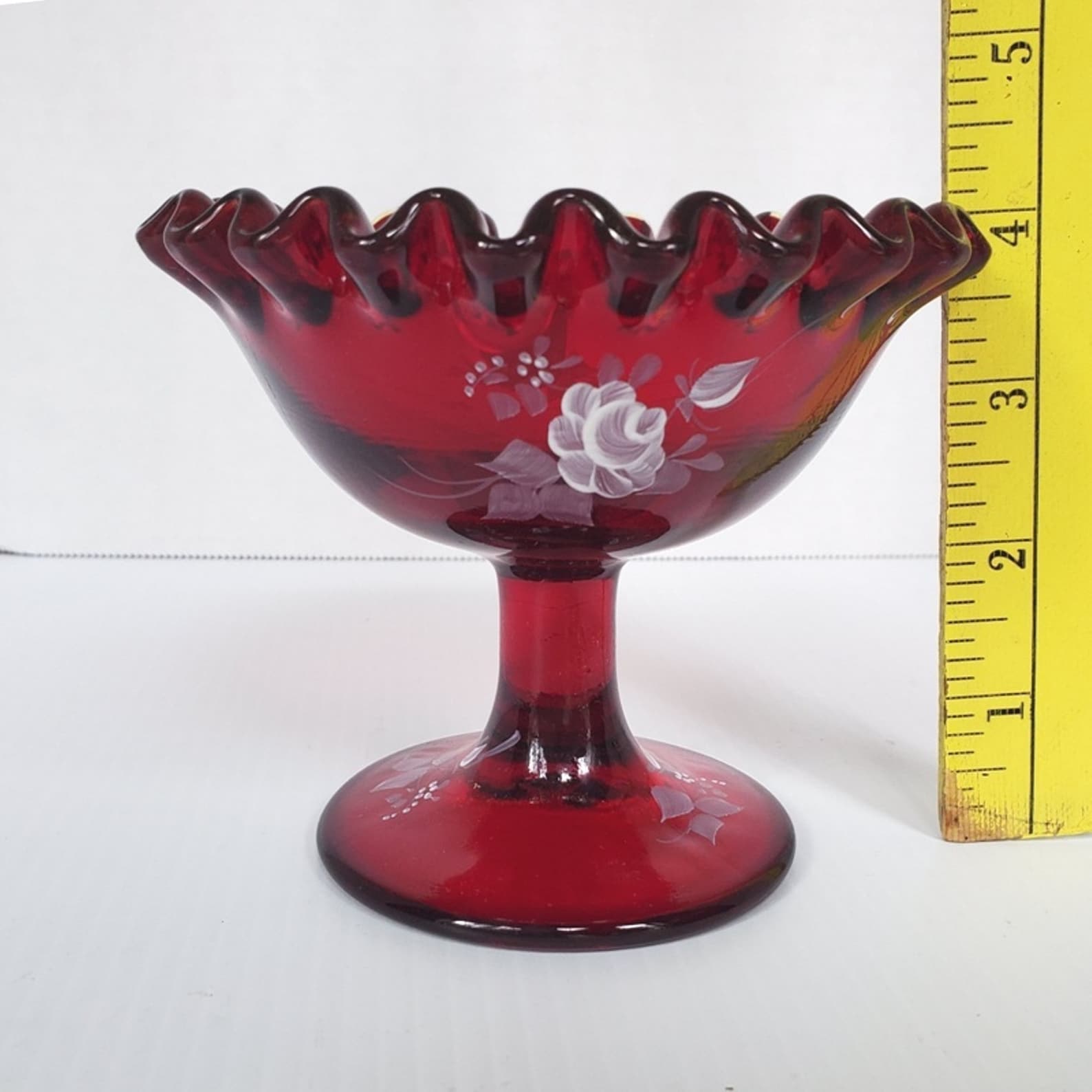 Ruby Red Ruffled Fenton Compote / Hand Painted Rose Accents - Etsy