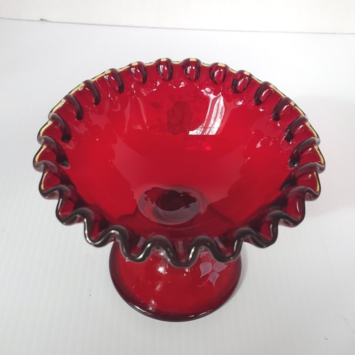 Ruby Red Ruffled Fenton Compote / Hand Painted Rose Accents - Etsy