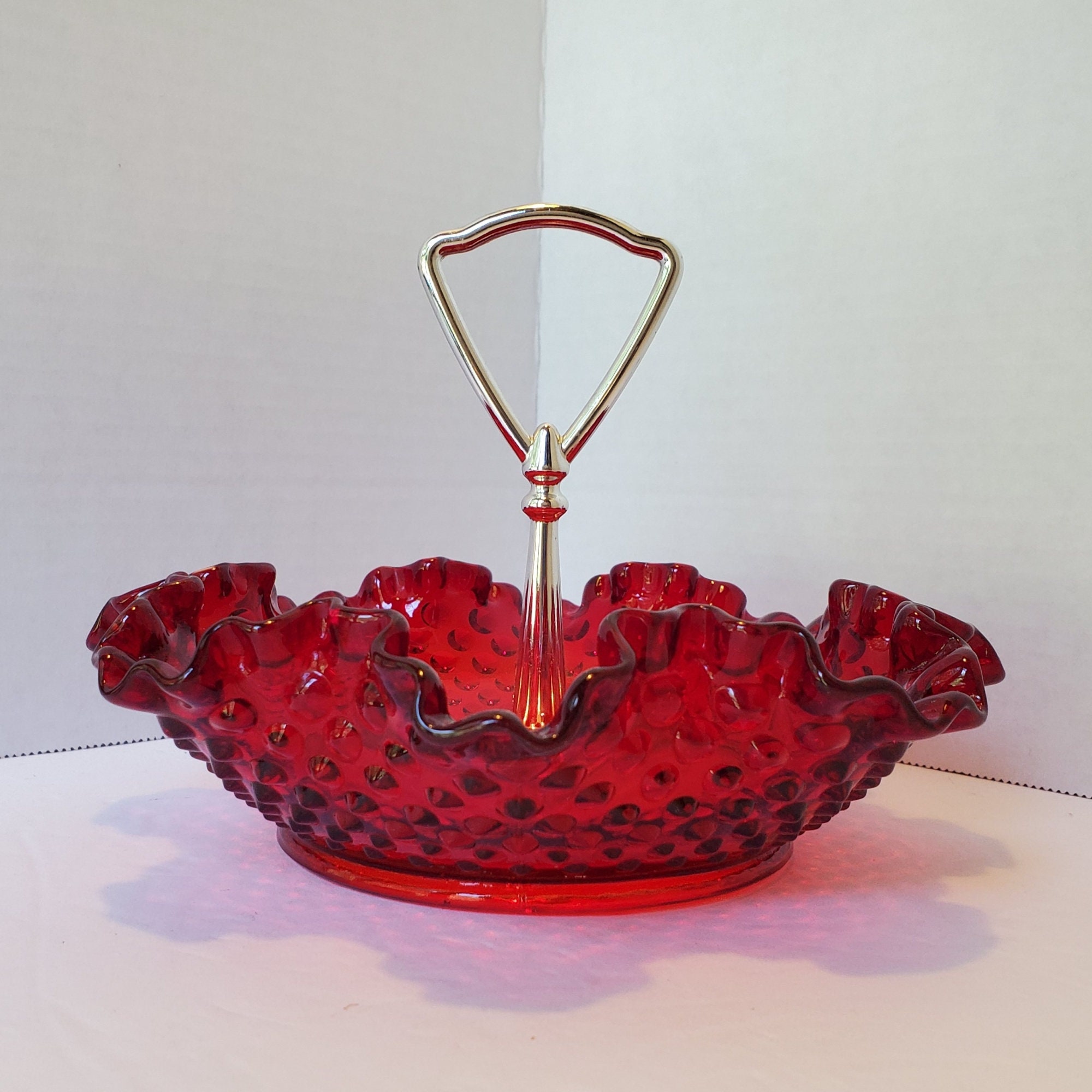 Pretty Red Hobnail Ruffled Fenton Glass Candy Dish With Metal - Etsy 日本