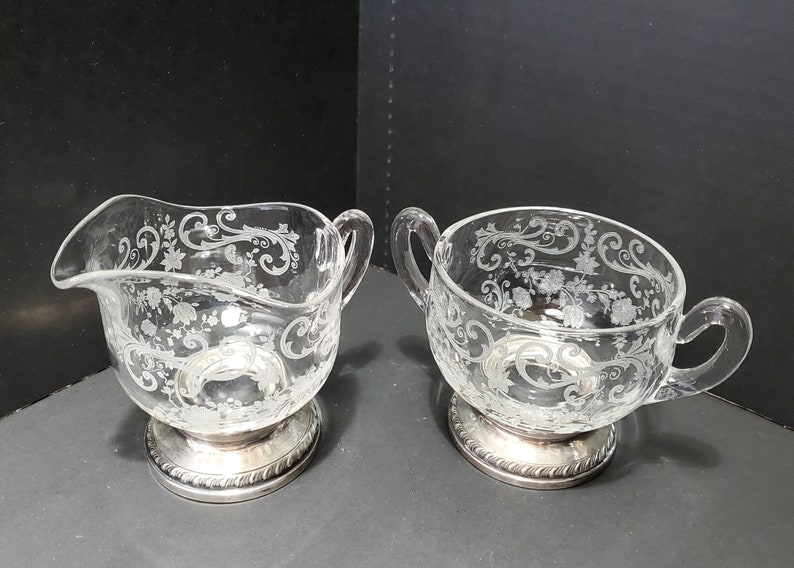 Cambridge Glass Chantilly Etch Sugar and Creamer / Sterling Silver Base ...