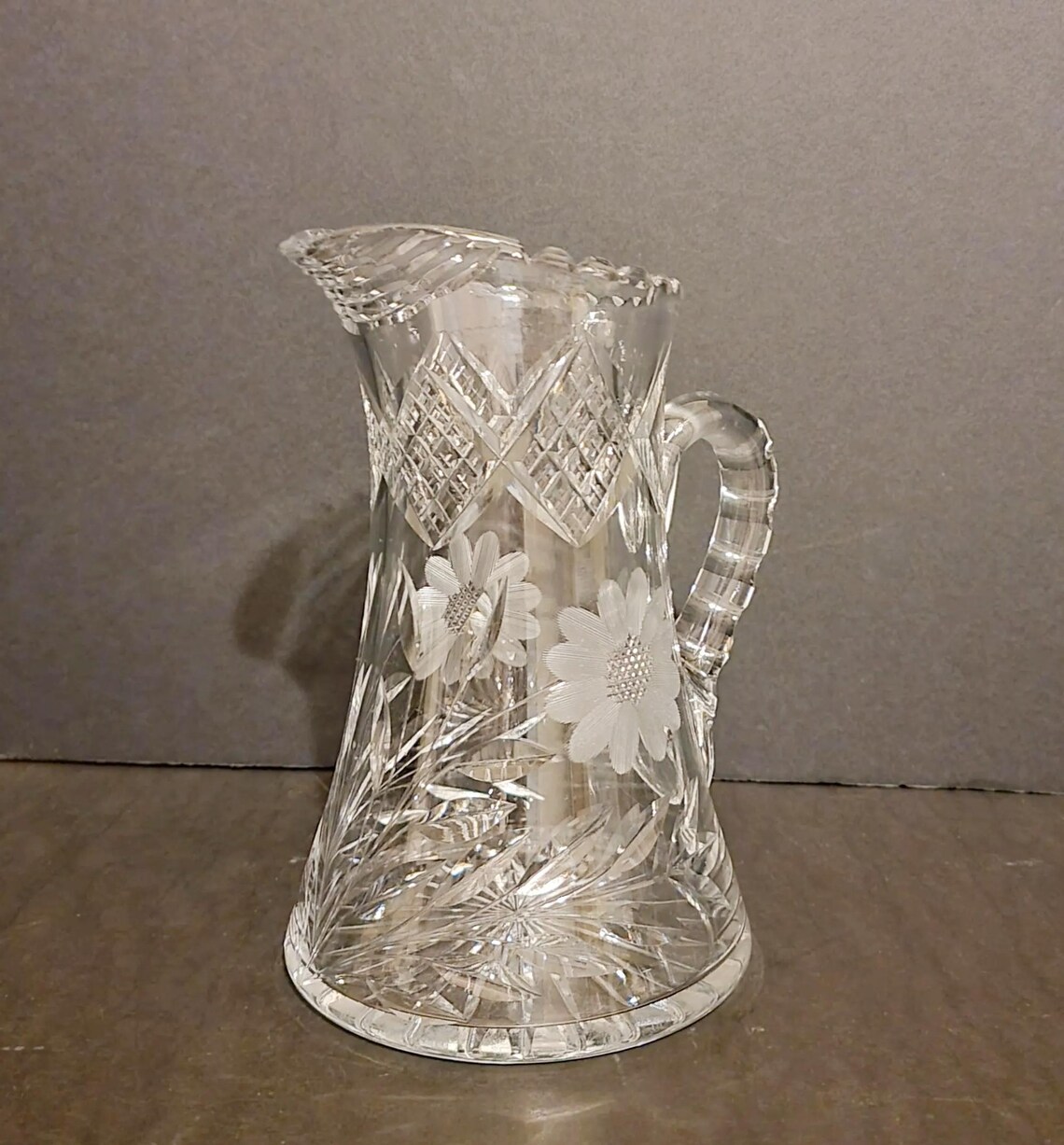 10" American Brilliant Cut Glass Pitcher / Gray Flowers / Diamonds ...