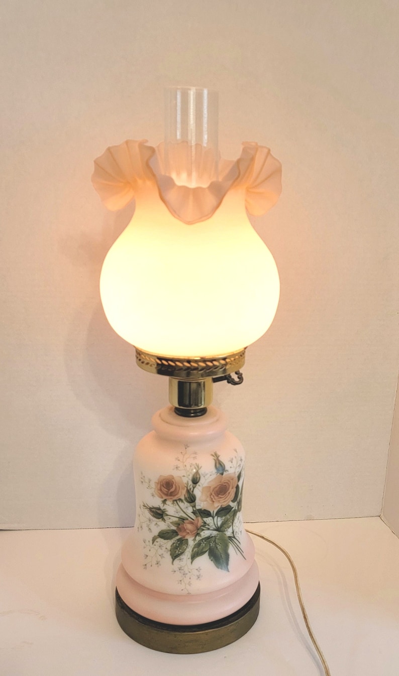 Pink Floral Satin Cased Glass Fenton Table Lamp / Brass Base - Etsy