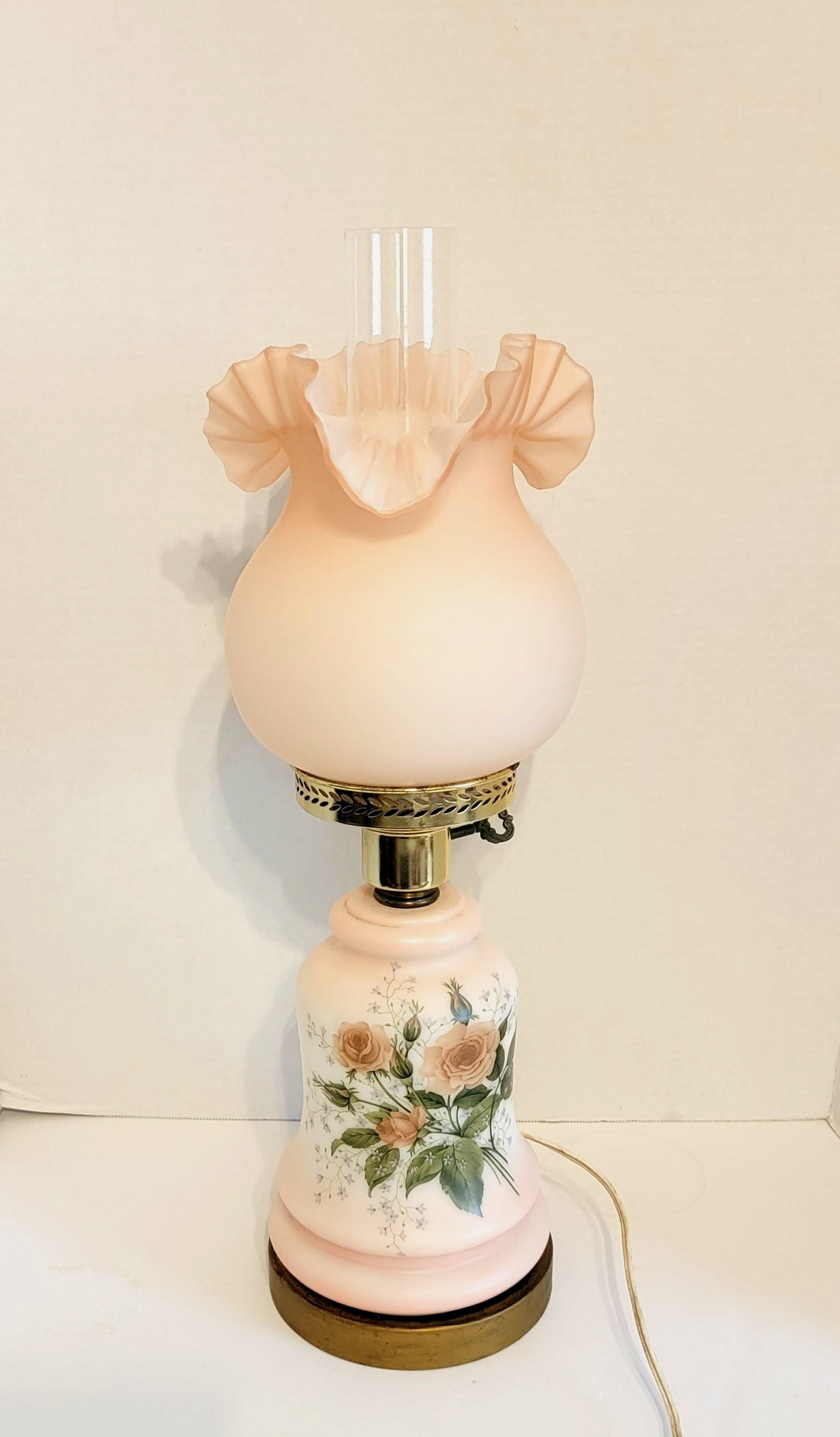 Pink Floral Satin Cased Glass Fenton Table Lamp / Brass Base - Etsy