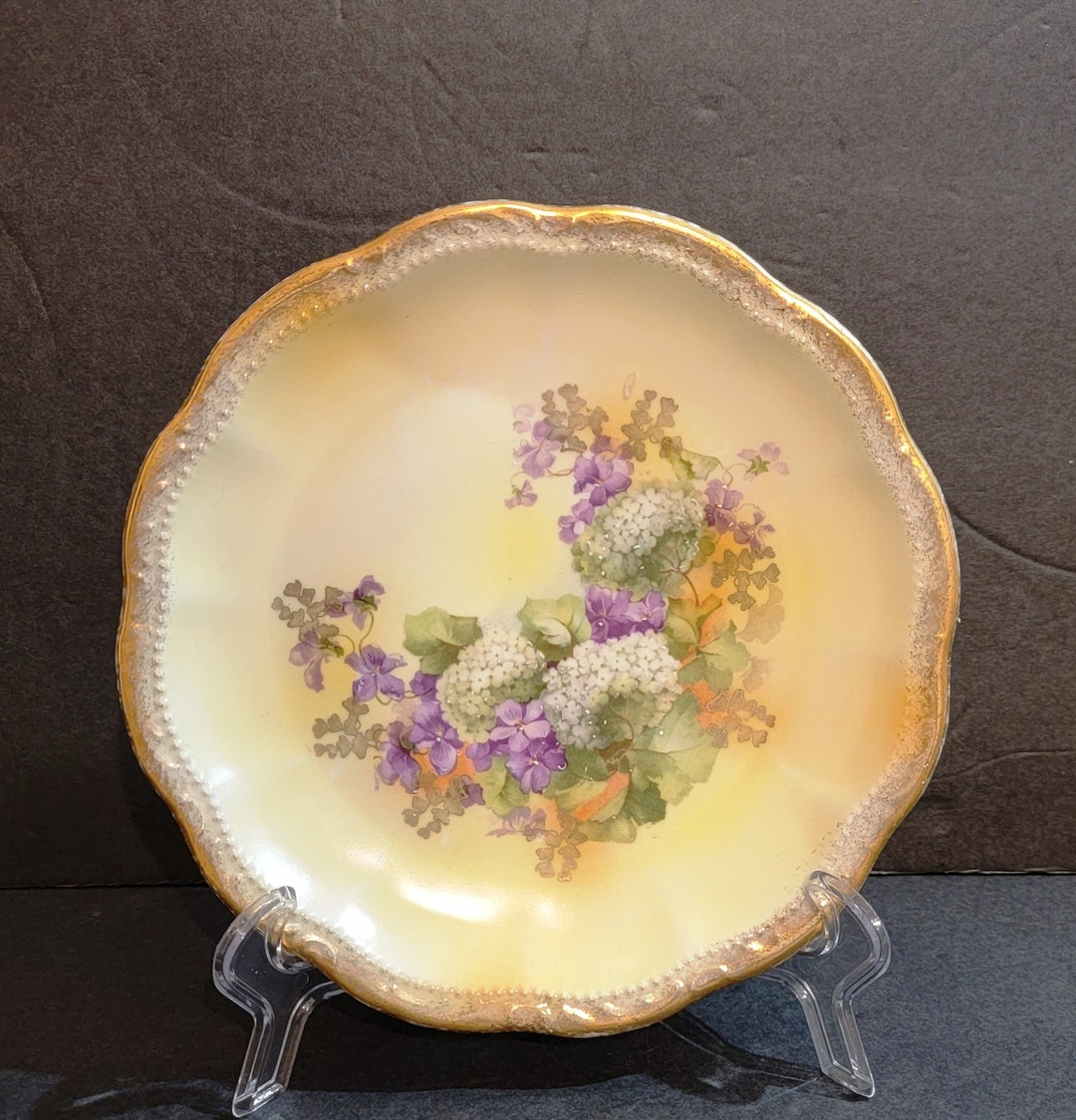 8" Hand Painted Porcelain Cabinet Plate / Violets and Hydrangeas - Etsy