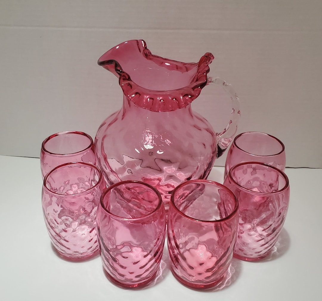 Fenton Diamond Optic Ruby Overlay 9" Pitcher With Six Tumblers - Etsy