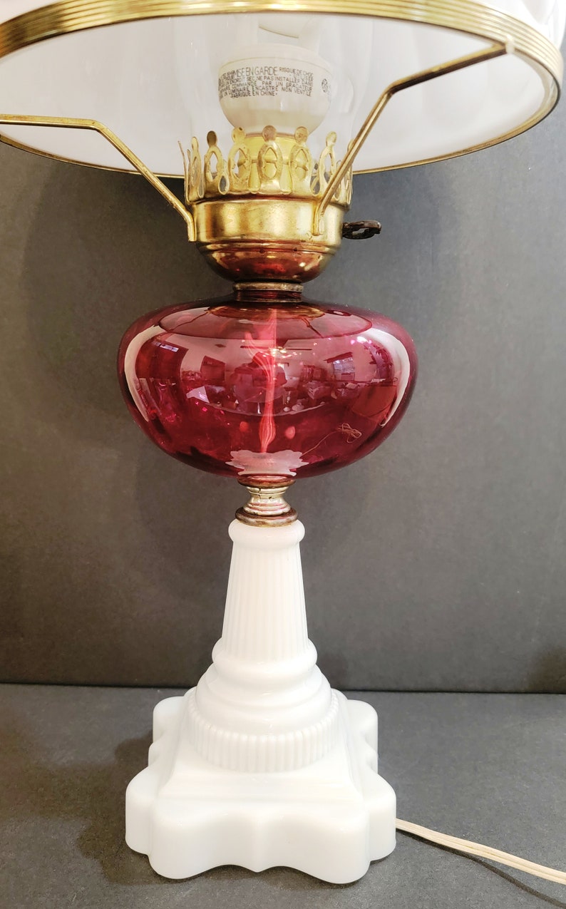 Vintage Cranberry Table Lamp With Milk Glass Base / - Etsy
