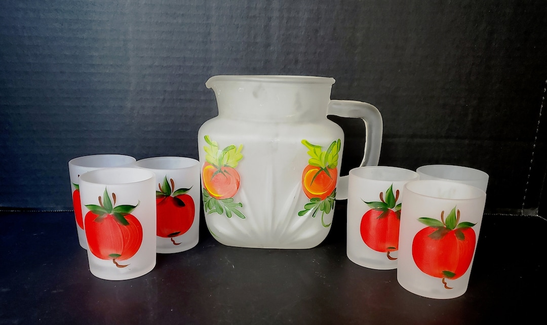 Hand Painted Federal Frosted Glass "star" Pitcher With Six (6) Juice ...