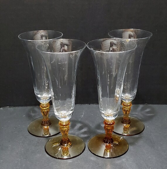 Four 4 Amber & Clear Tiffin Glass Parfait Stems / 405 - Etsy