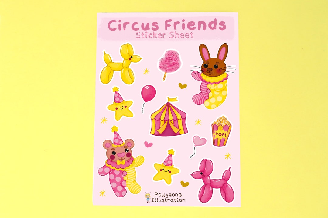 Circus Friends Sticker Sheet, Pink and Yellow Kawaii Cute Clown Bunny ...