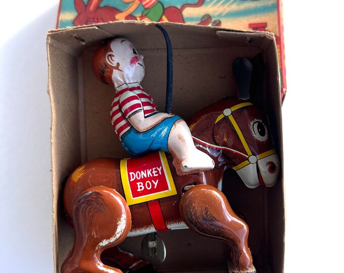 Vintage 1950s Wind up Donkey Boy Tin Toy in Box Working Red White Blue ...